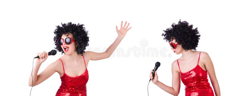 The Pop Star with Mic in Red Dress on White Stock Image - Image of ...