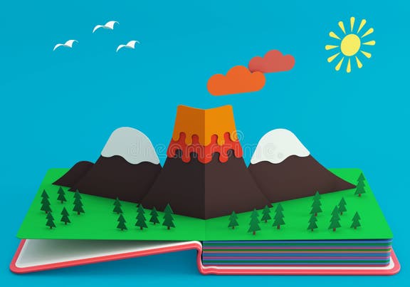 Pop Up Book with Mountainous Landscape and Active Volcano Stock ...