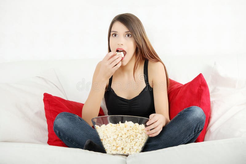 Popcorn girl stock image. Image of television, food, entertainment - 131237