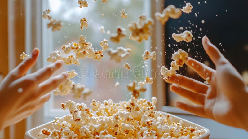 Popcorn is Being Tossed into the Air by Two Hands, Set Against a Soft ...