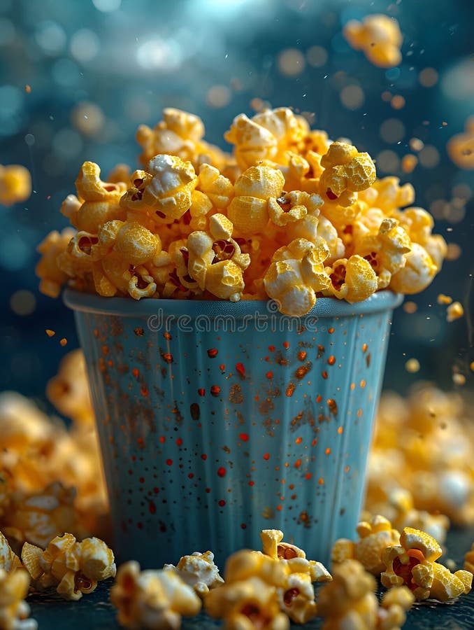 Popcorn in Blue Bucket Isolated on Blur Background with Flying Popcorn ...