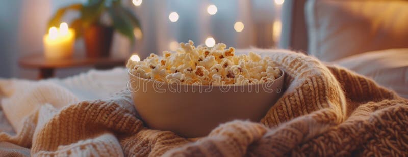 Popcorn Bowl on Bed stock image. Image of warmth, evening - 308919727