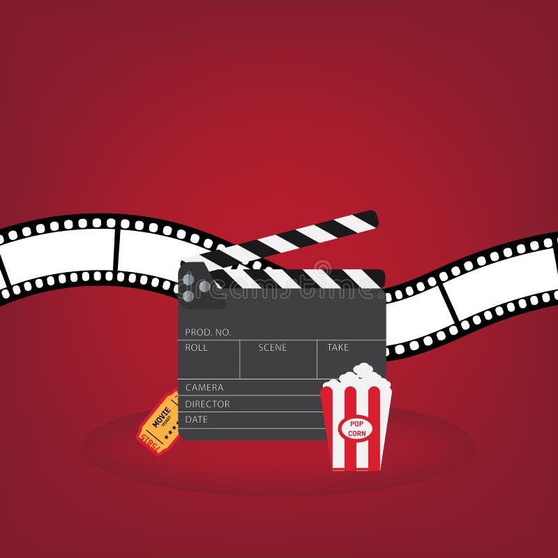 Popcorn Box Film Strip, Clapper Board and Ticket Stock Vector ...