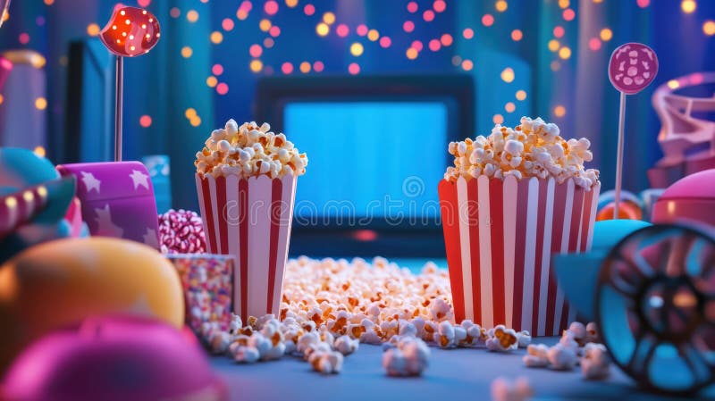 A Popcorn Box and Some Candy Lollipops and a Television Stock ...