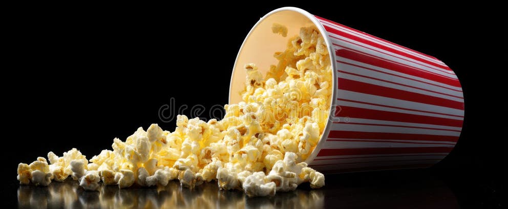 The Popcorn Bucket Spilling Crunchy Kernels on a Black Surface..AI ...