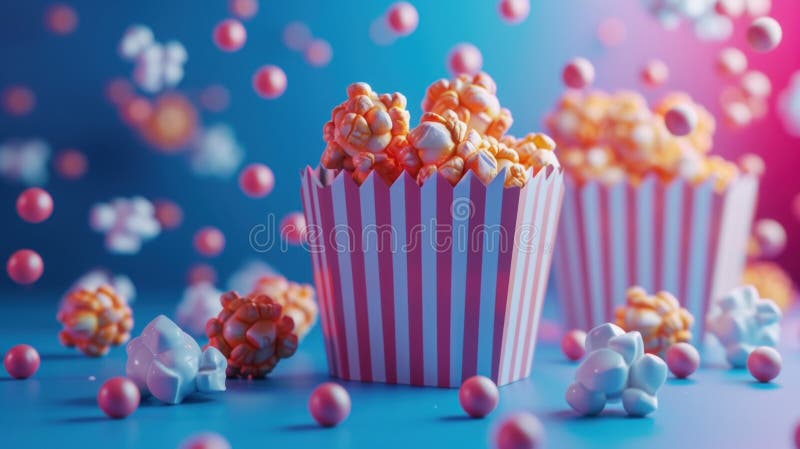 Popcorn and Candies Exploding from a Container on Blue Background Stock ...