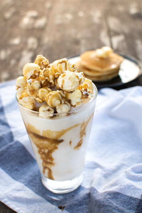 Popcorn caramel milkshake stock image. Image of pile - 178756037