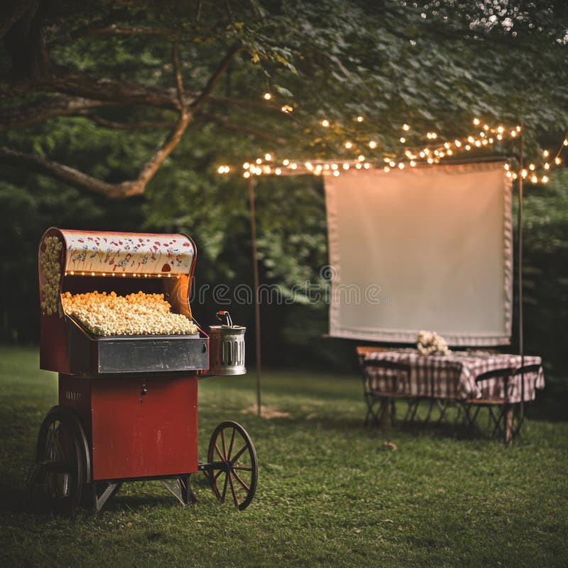 Popcorn Cart and Movie Screen Set Up in Backyard Stock Illustration ...