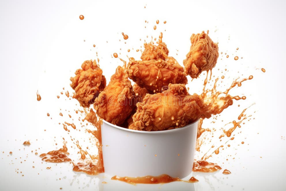 Popcorn Chicken Fried in Container Exploding and Flying on White ...