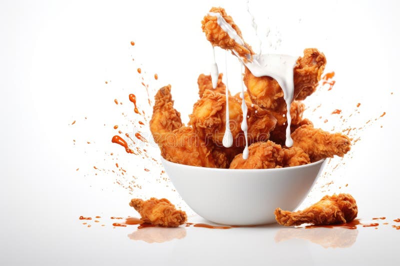 Popcorn Chicken Fried in Container Exploding and Flying on White ...
