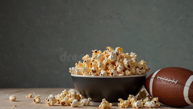 Popcorn and Chips with a Rugby Ball on a Light Background. Stock ...