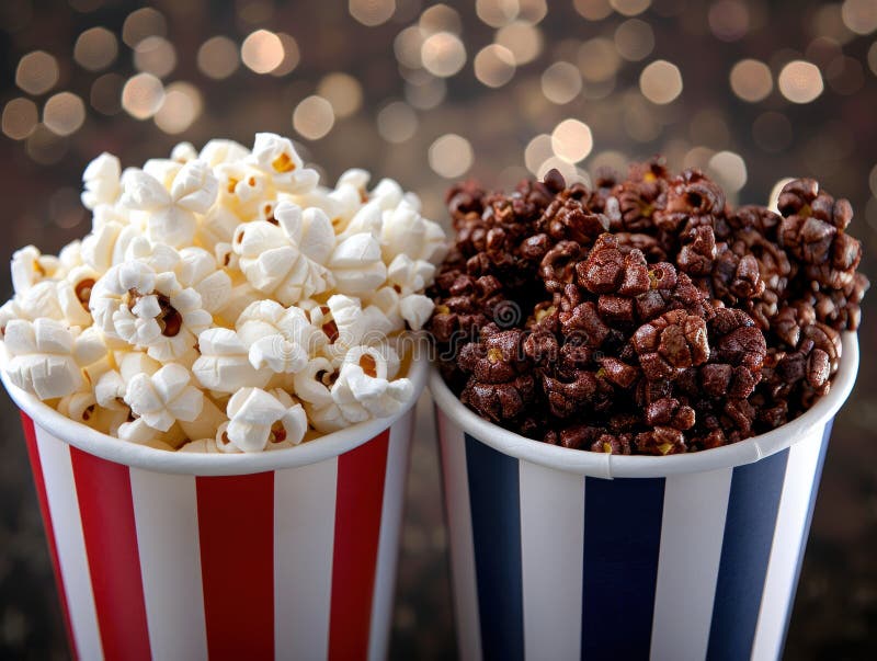 Popcorn and Chocolate Crunch Snacks in Striped Containers Stock ...