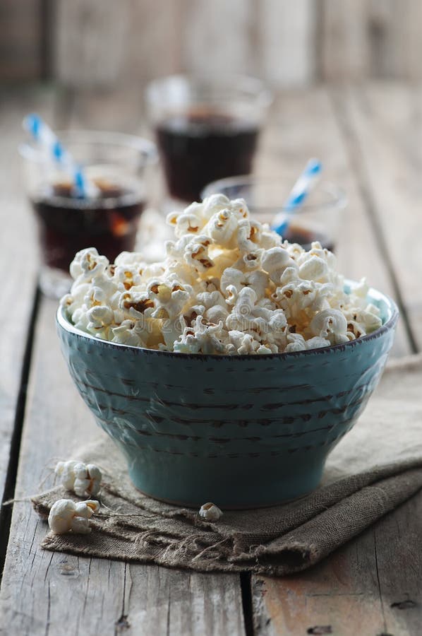 Popcorn and Cola on the Wooden Table Stock Photo - Image of wooden ...