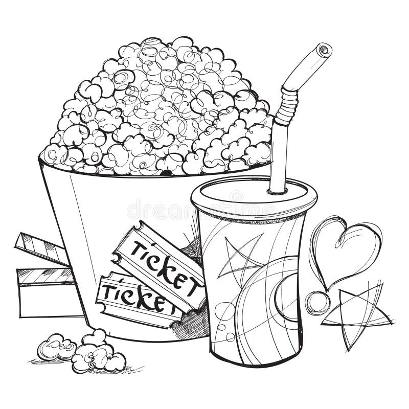 Popcorn and Cup of Lemonade Outline Drawing Stock Illustration ...