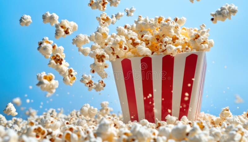 Popcorn Exploding from Classic Red and White Striped Container on Blue ...