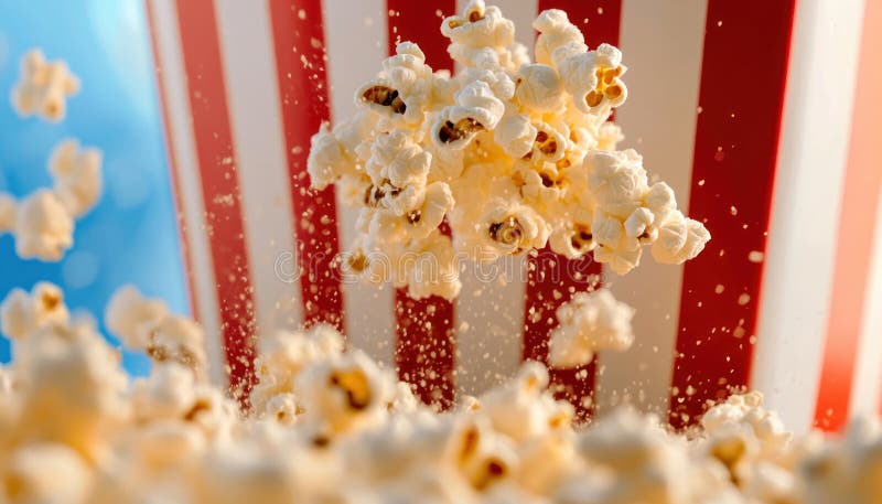 Popcorn Exploding Classic Red White Striped Container Blue Background ...