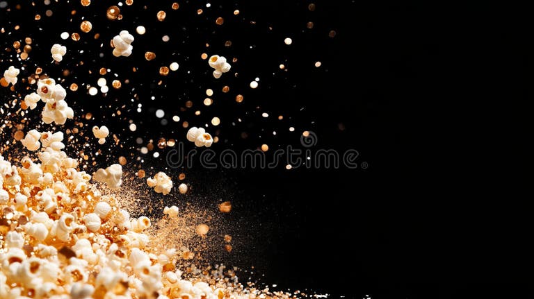 Popcorn Exploding from a Golden Wave on Black Background Stock Photo ...