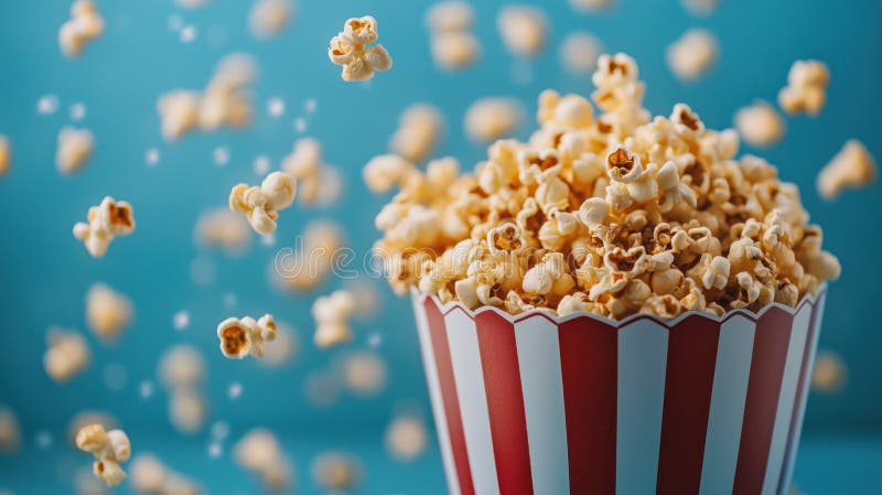 Popcorn Exploding from a Red and White Striped Container on Blue ...