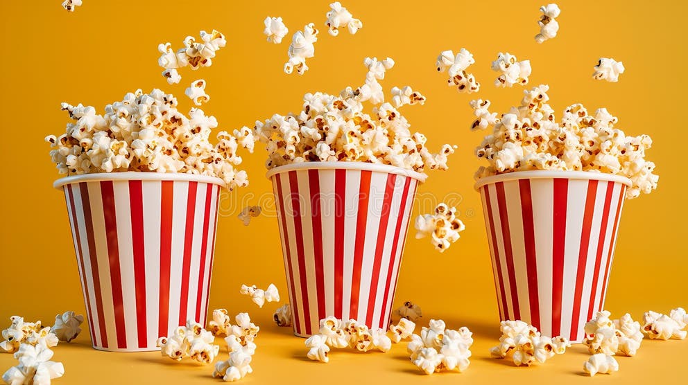 Popcorn Exploding from Striped Buckets on Yellow Background Stock Image ...