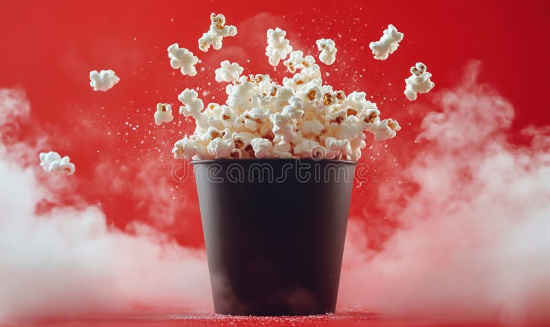 Popcorn Explosion in Black Bucket with Red Background and Smoke Effects ...