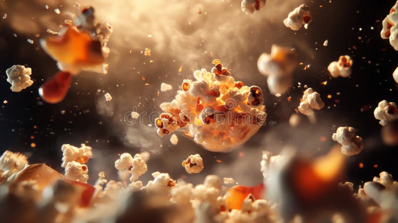 Popcorn Explosion: Golden Kernels Flying Against Dark Background Stock ...
