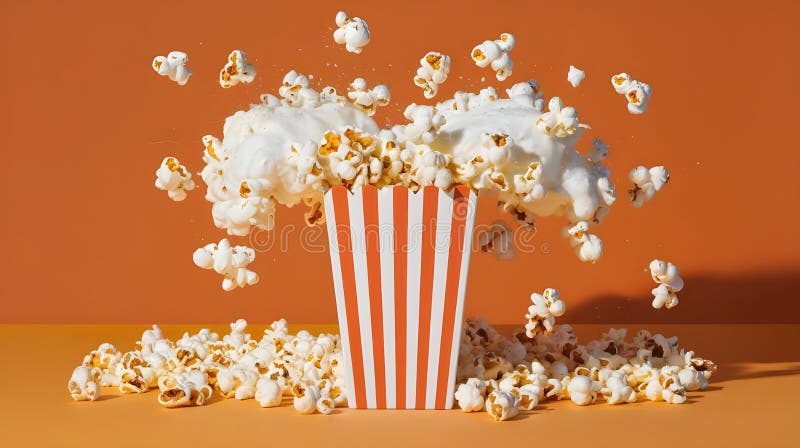 Popcorn Explosion in Striped Box on Orange Background Stock ...