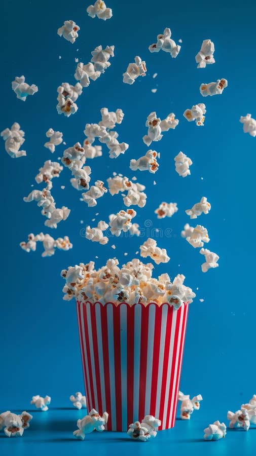 Popcorn Explosion from a Striped Container on a Blue Background. Fun ...