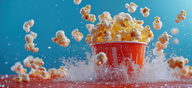 Popcorn Explosion in Vibrant Colors with Splashes of Water and Dynamic ...