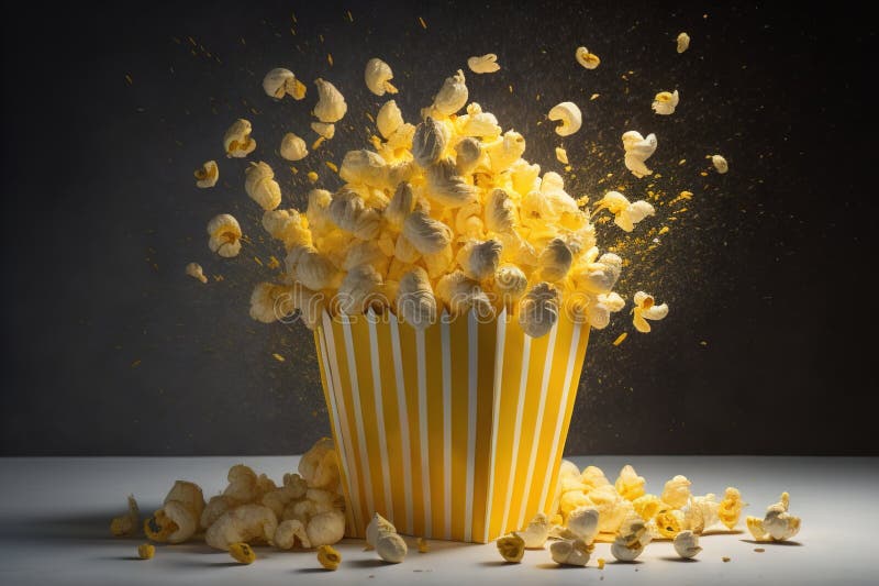 Popcorn Falling into a Yellow Bucket on a White Table and Black ...