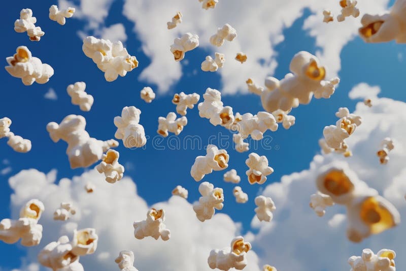 Popcorn Floating in Blue Sky with Clouds Stock Photo - Image of ...