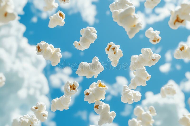 Popcorn Floating in a Blue Sky with Clouds Stock Image - Image of ...