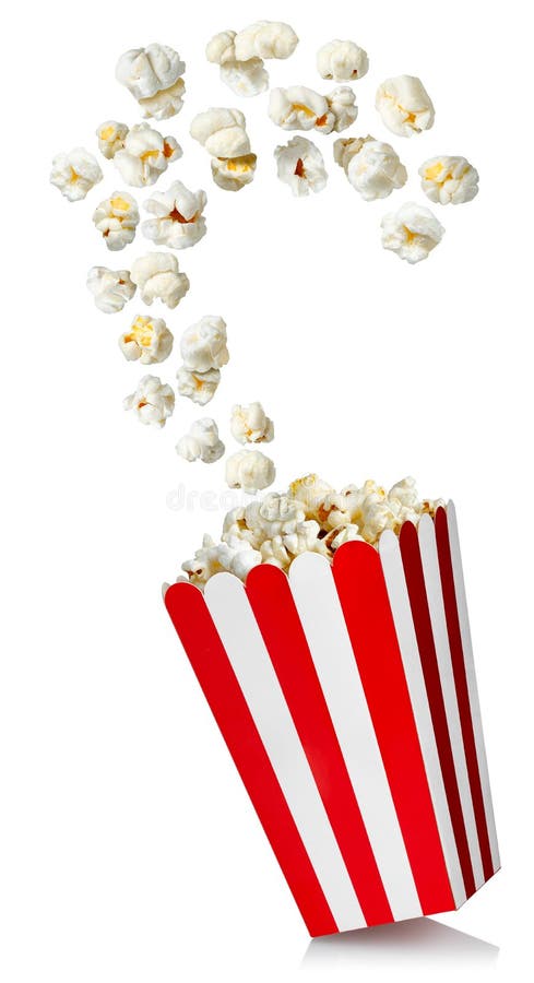 Popcorn Flying Out of Red White Striped Paper Box, Isolated on White ...