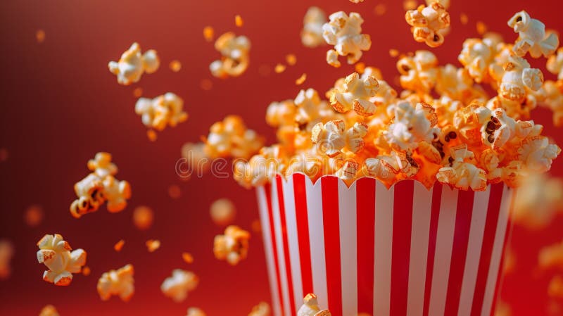 Popcorn Flying Out of Red White Striped Paper Box, Isolated on White ...