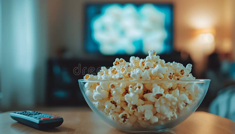 Popcorn in a Glass Bowl and Remote Control in Front of the TV in a Home ...