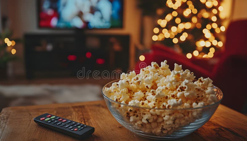 Popcorn in a Glass Bowl and Remote Control in Front of the TV in a Home ...