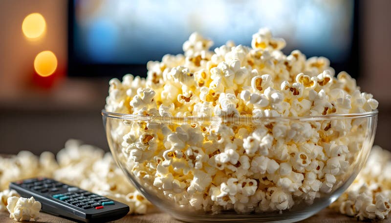 Popcorn in a Glass Bowl and Remote Control in Front of the TV in a Home ...