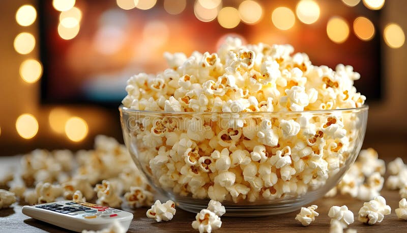 Popcorn in a Glass Bowl and Remote Control in Front of the TV in a Home ...