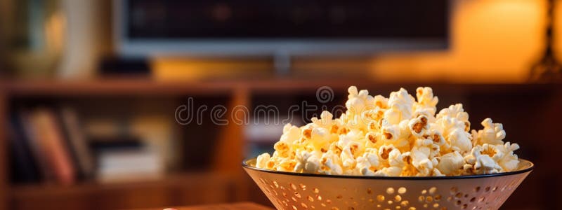 Popcorn in a Glass Bowl and TV Remote Control. Stock Photo - Image of ...