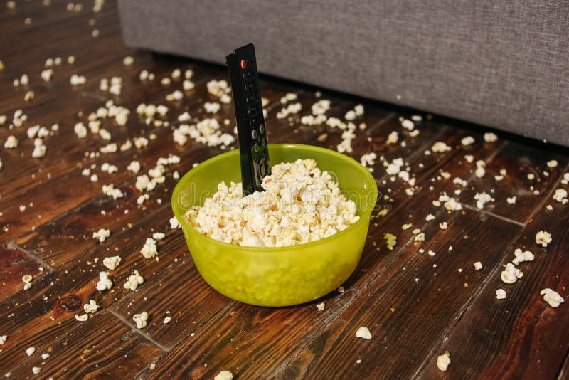 Popcorn Home Deep Bowl with Remote Control Stock Image - Image of mess ...