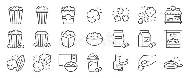 Popcorn Icon Set. it Includes Snack, Corn, Dessert, Crispy and More Icons. Editable Vector ...