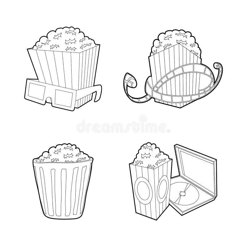 Popcorn Icon Set, Outline Style Stock Vector - Illustration of ...