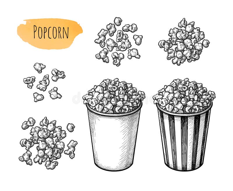 Popcorn ink drawings set. stock vector. Illustration of delicious ...