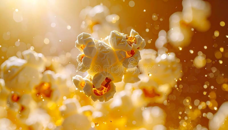 Popcorn Kernels Falling with Splashes and Bokeh Lights on a Warm ...