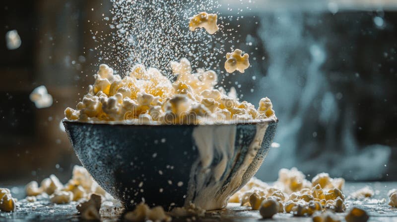 Popcorn Kernels Flying in the Air Above a Bowl Stock Photo - Image of ...