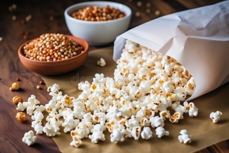 Popcorn Kernels and Popped Popcorn on Some Parchment Paper Stock Photo ...