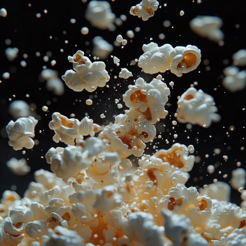 Popcorn Kernels Popping and Flying in All Directions on Black Background. Stock Photo - Image of ...