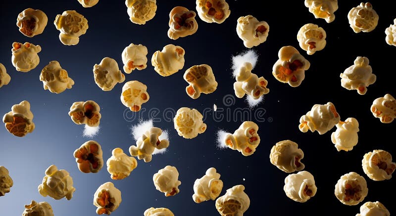 Popcorn Kernels are Suspended Against a Dark Background, Creating a ...