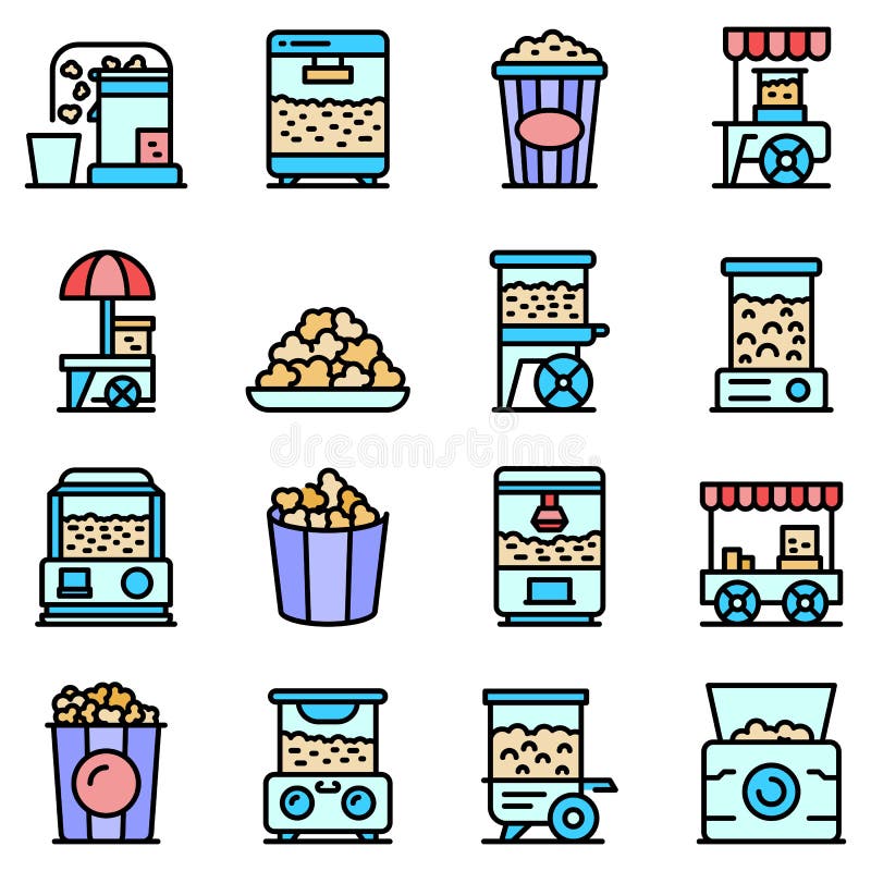 Popcorn Maker Machine Icons Set Vector Flat Stock Vector - Illustration ...