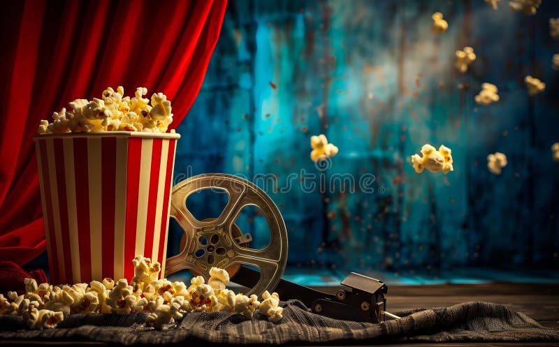 Popcorn and Movie Reel on a Wooden Table Stock Image - Image of reel ...