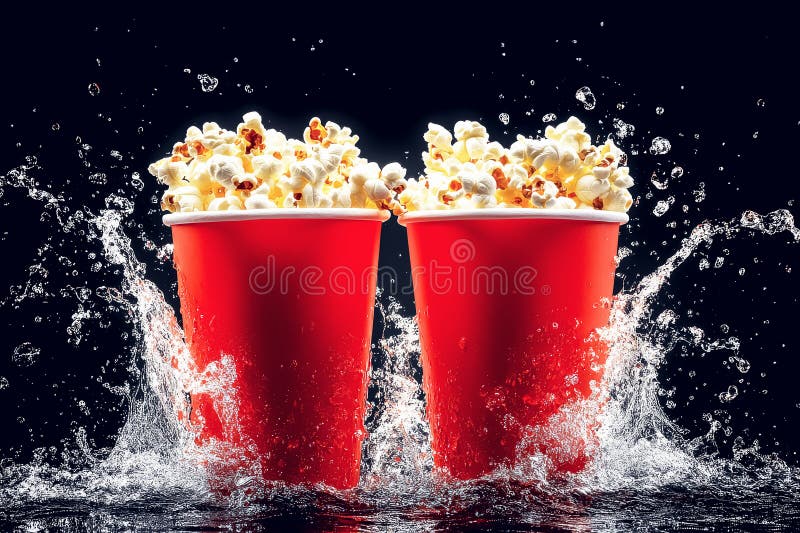 Popcorn Splashes Extravagantly from Vibrant Cups Against a Dark ...